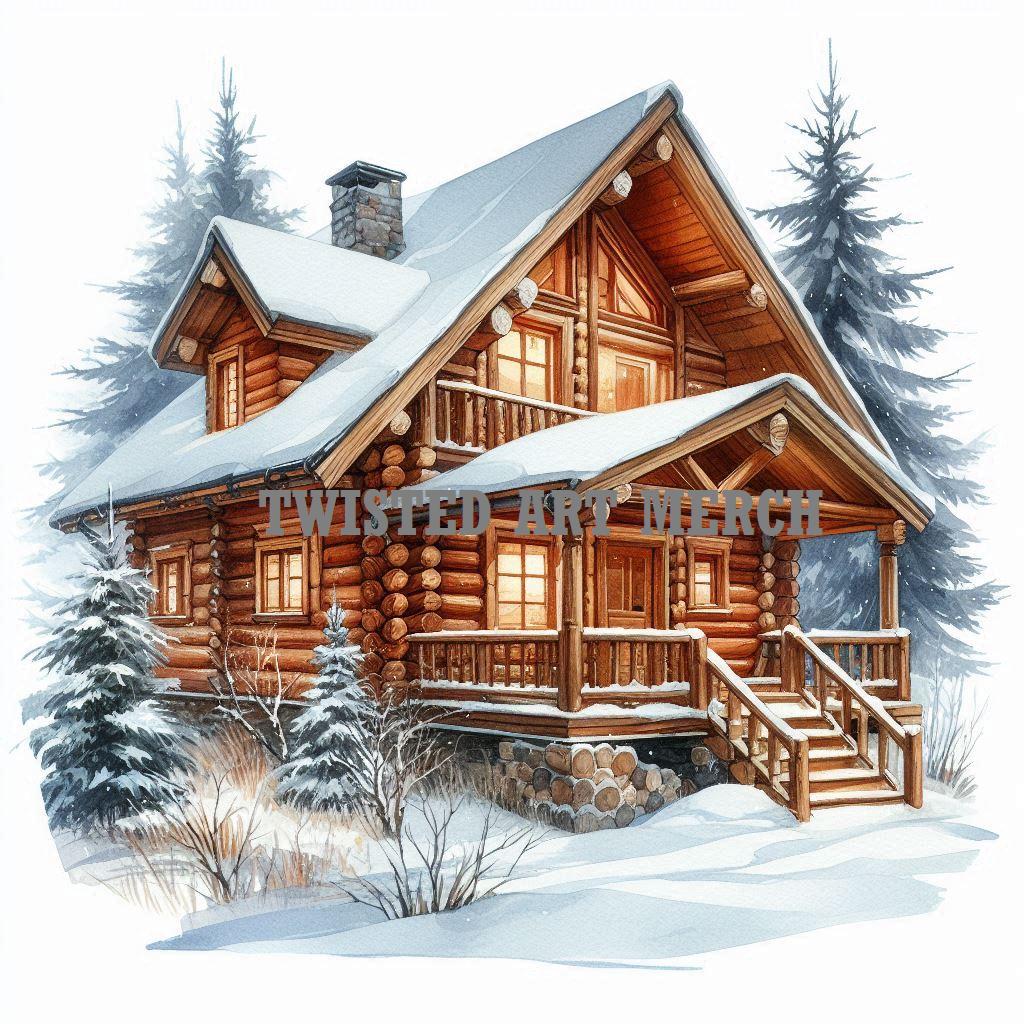 Winter Cabin Illustration: Snowy Log Cabin Christmas Scene (digital JPG ...
