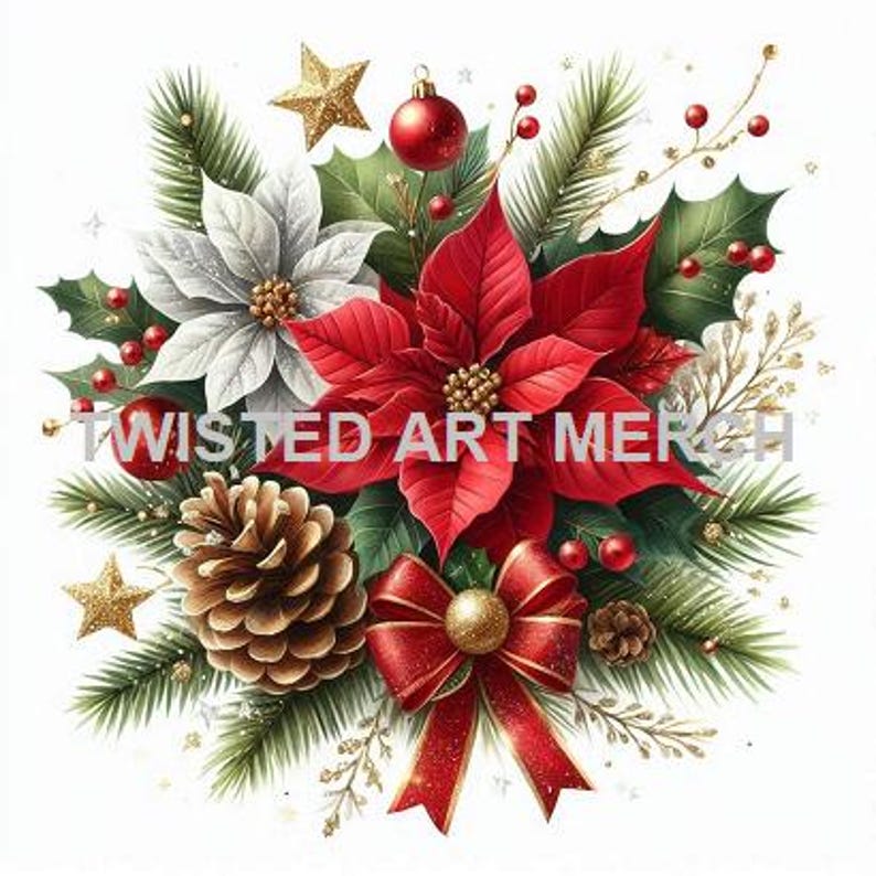 Poinsettia Christmas Flower JPG: Pine Cones & Ornaments (digital ...