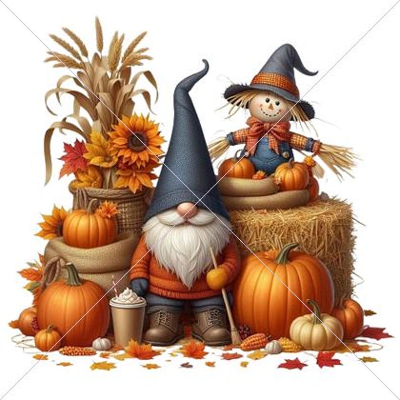 Fall Gnome Clipart: Pumpkin Harvest, Autumn Leaves (JPG Digital ...