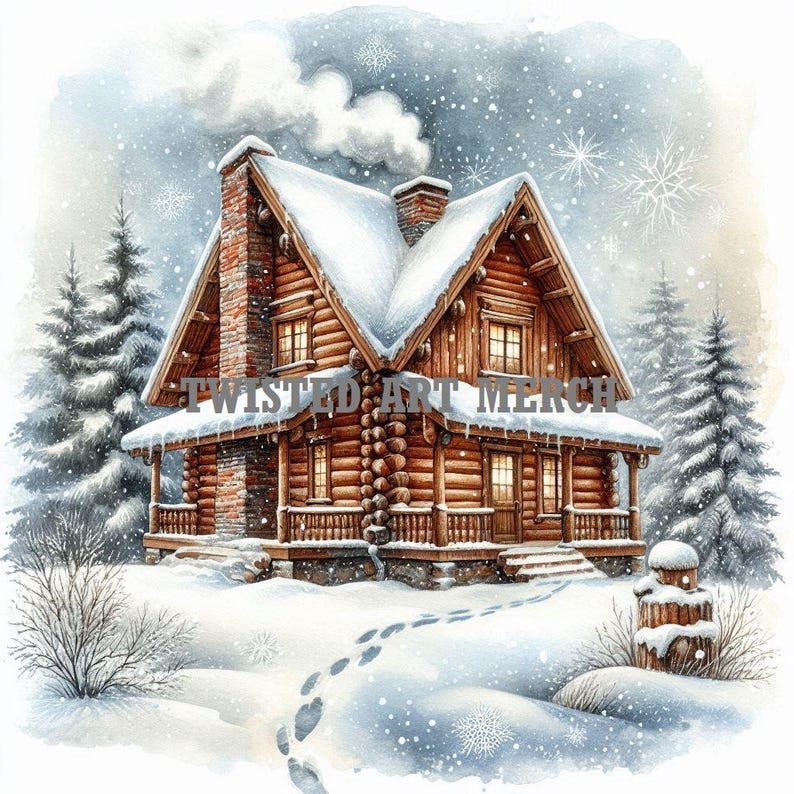 Winter Cabin Illustration: Snowy Log Cabin Christmas Scene (digital JPG ...