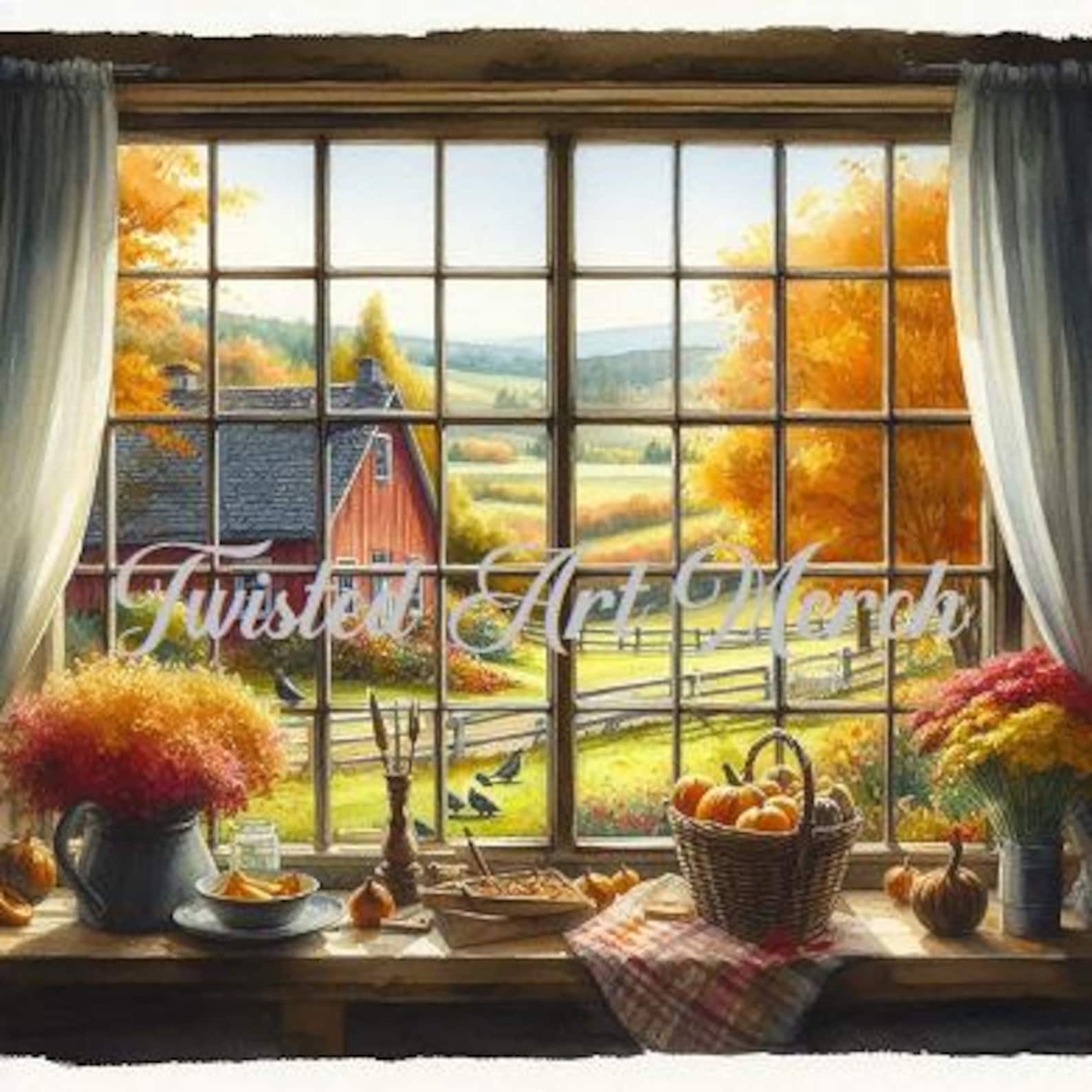 Farmhouse Fall and Winter Window Scene Clipart - 10 Downloadable Jpgs ...