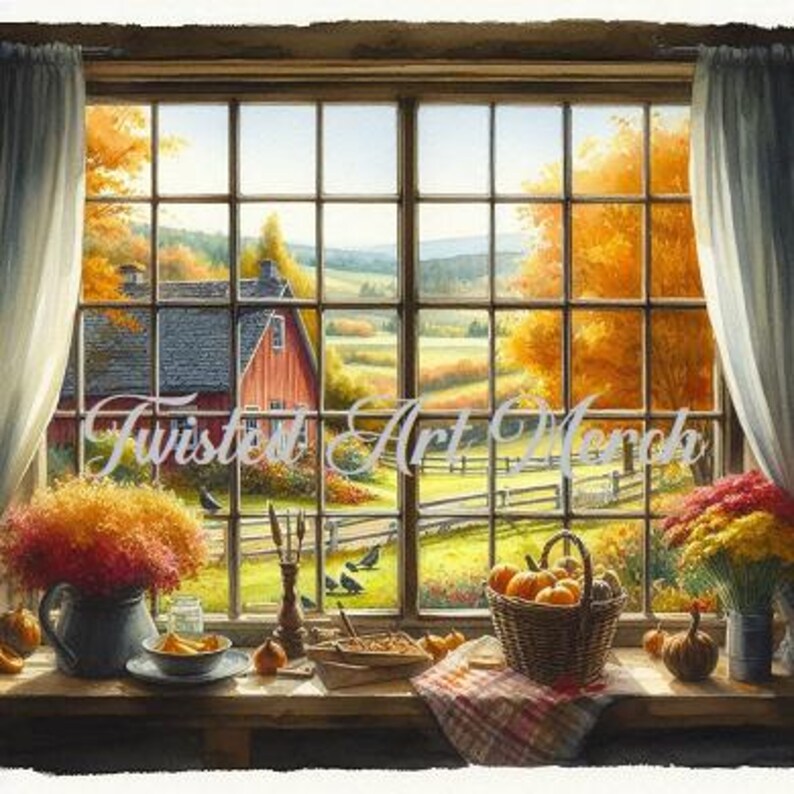 Farmhouse Fall and Winter Window Scene Clipart - 10 Downloadable Jpgs ...