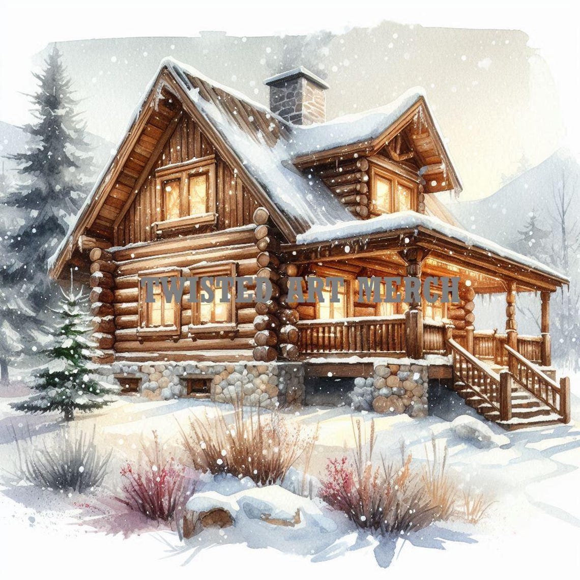 Winter Cabin Illustration: Snowy Log Cabin Christmas Scene (digital JPG ...