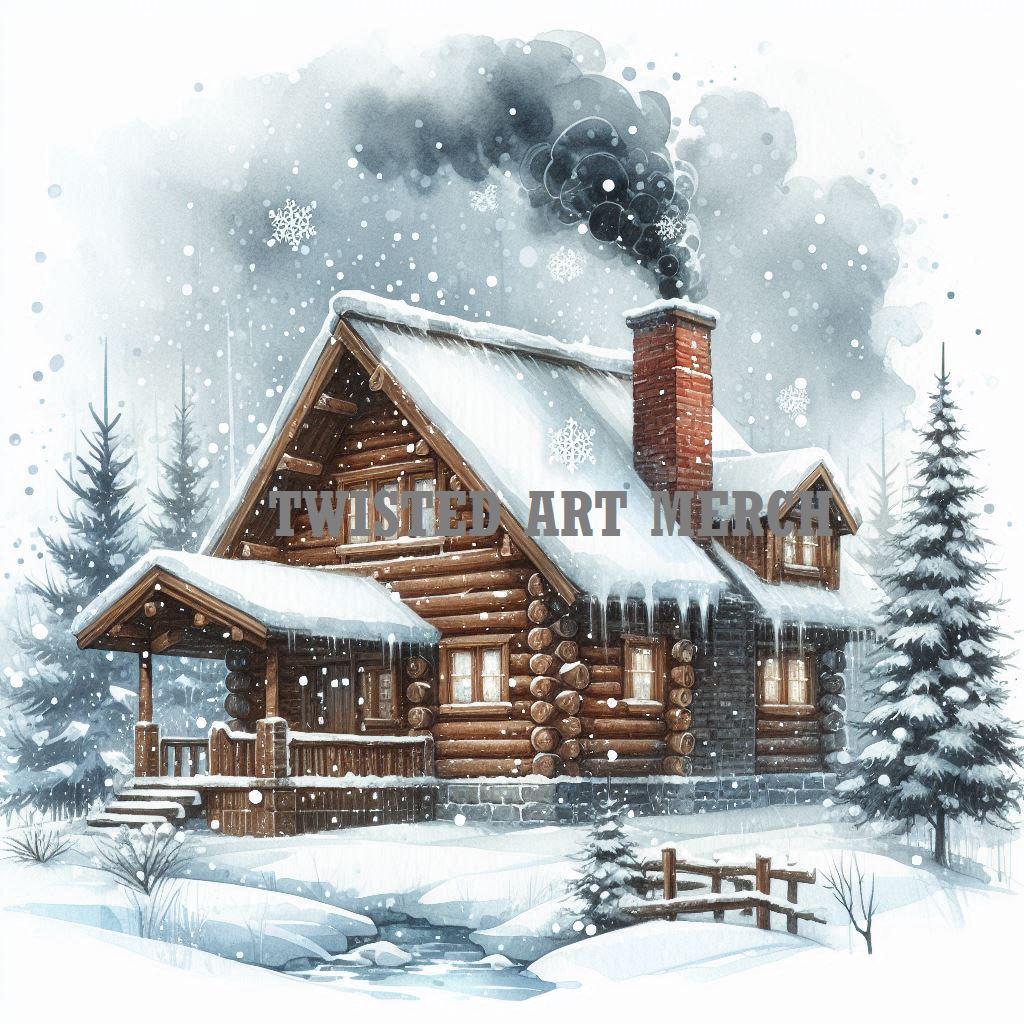 Winter Cabin Illustration: Snowy Log Cabin Christmas Scene (digital JPG ...