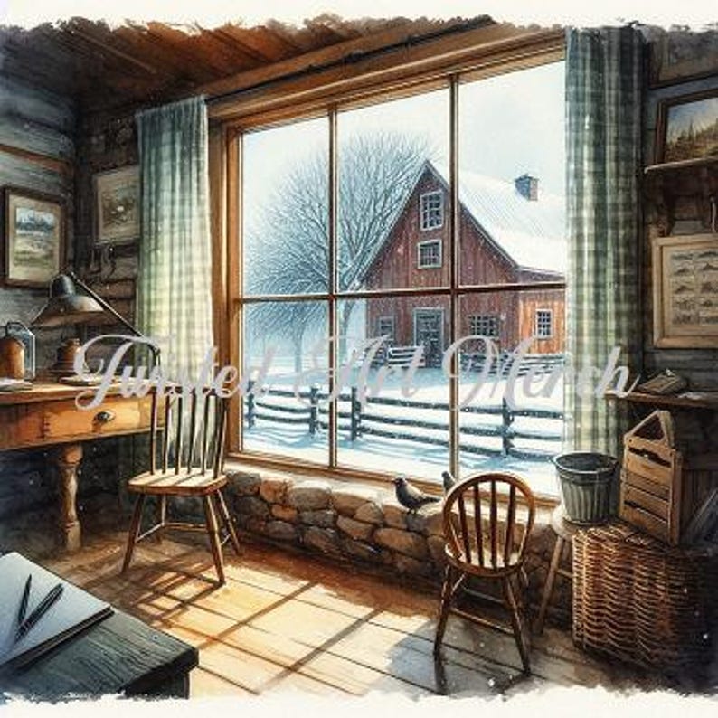 Farmhouse Fall and Winter Window Scene Clipart - 10 Downloadable Jpgs ...