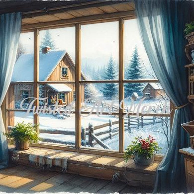 Farmhouse Fall and Winter Window Scene Clipart - 10 Downloadable Jpgs ...