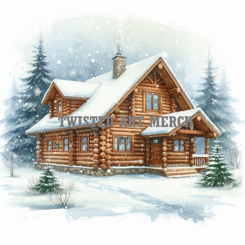 Winter Cabin Illustration: Snowy Log Cabin Christmas Scene (digital JPG ...