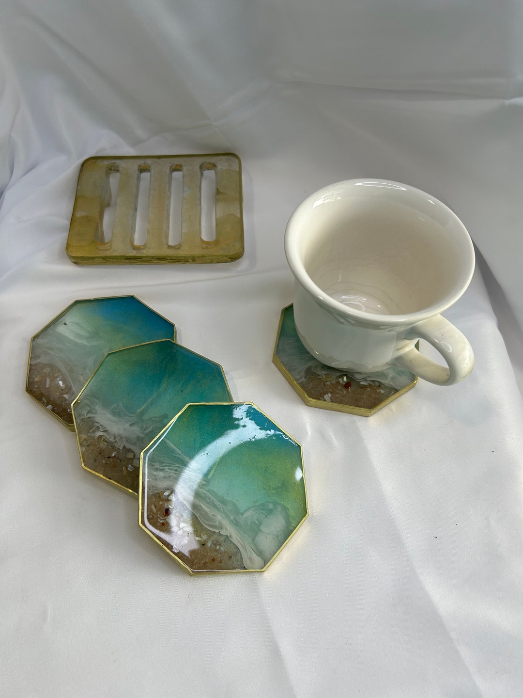 Beach Inspired Resin Coasters Handmade Coastal Home Decor. Hexagon ...