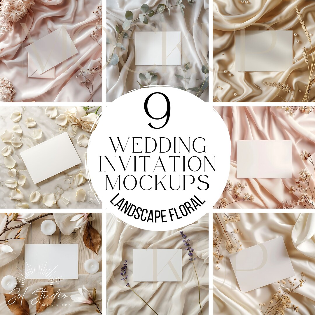 9 Landscape Wedding Invitation Mockup Bundle | Floral Backdrop ...
