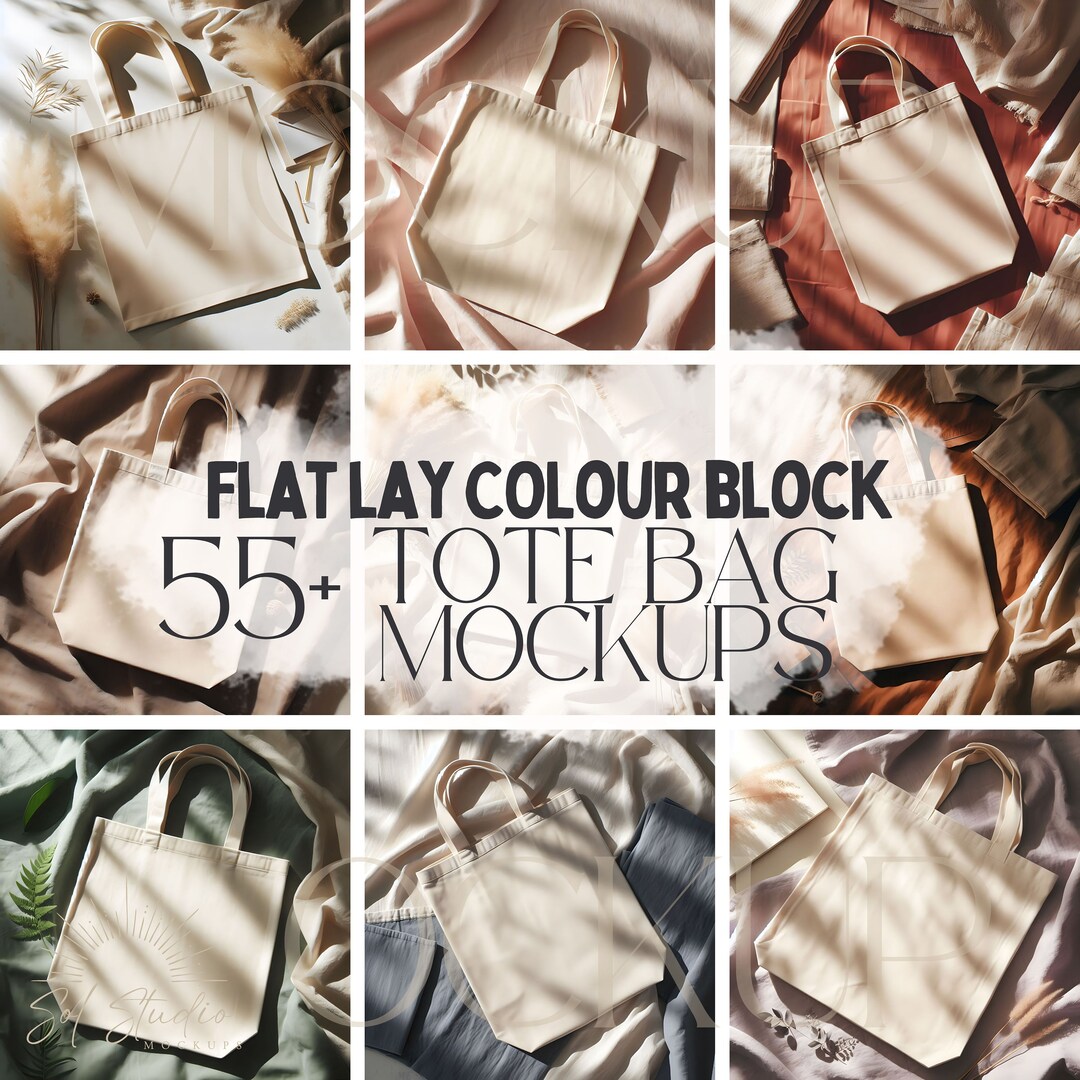 55 Flat Lay Tote Bag Mockup Bundle | Colour Block | Canvas Totes Mock ...