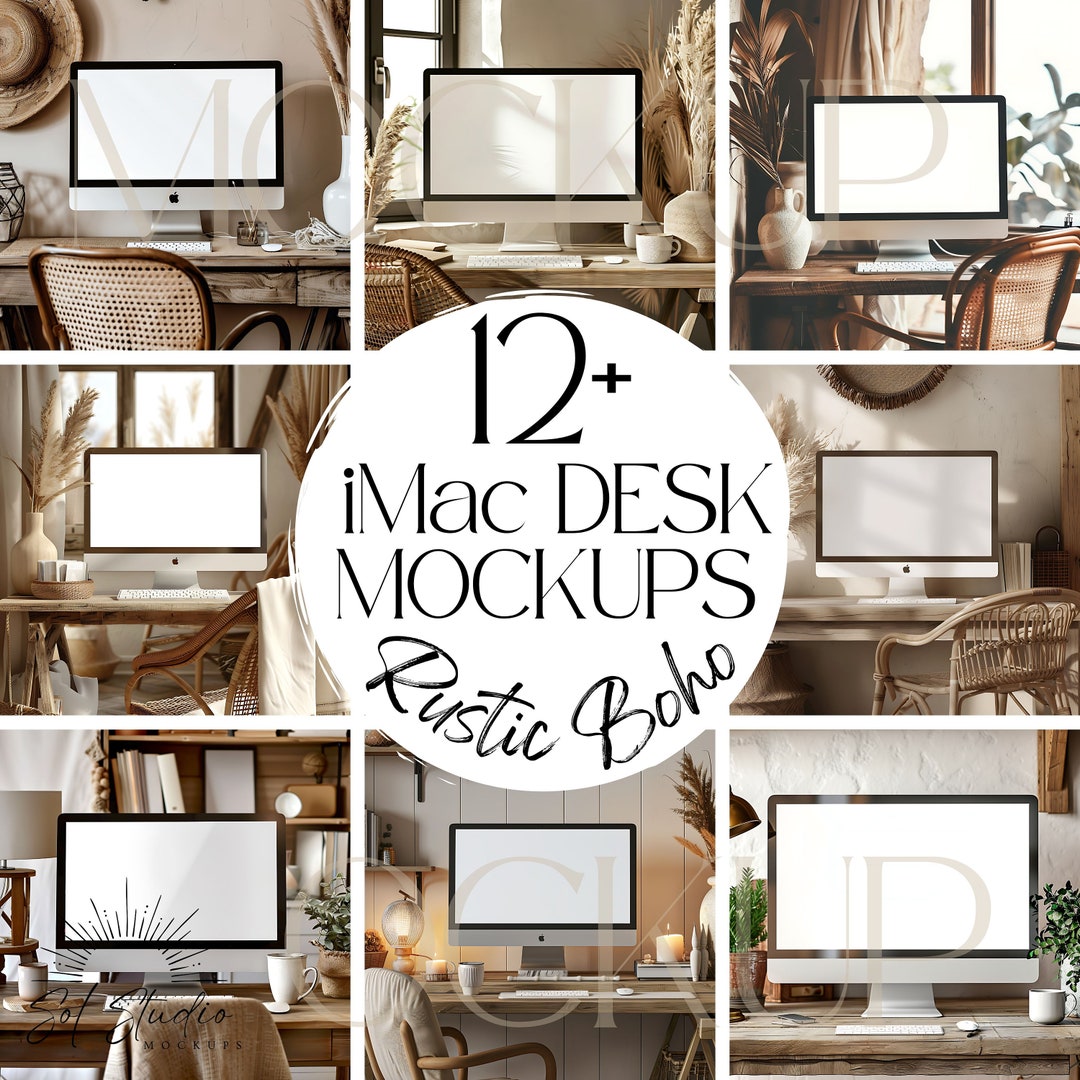 12 Imac Mockup Bundle Rustic Boho Device Mock Ups Study Desk Computer ...