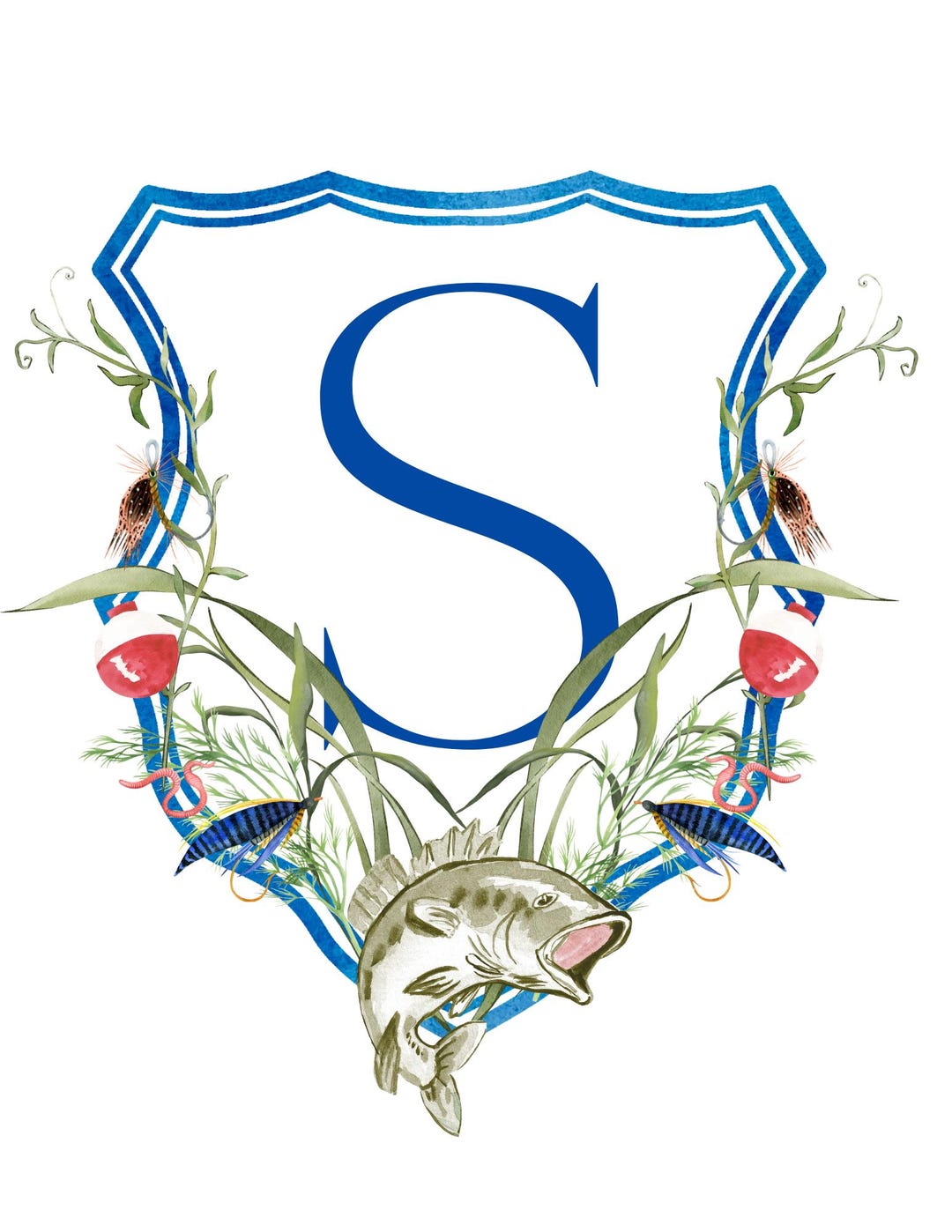 Family Crest - Bass Fishing Greenery Digital Watercolor Clipart - Etsy