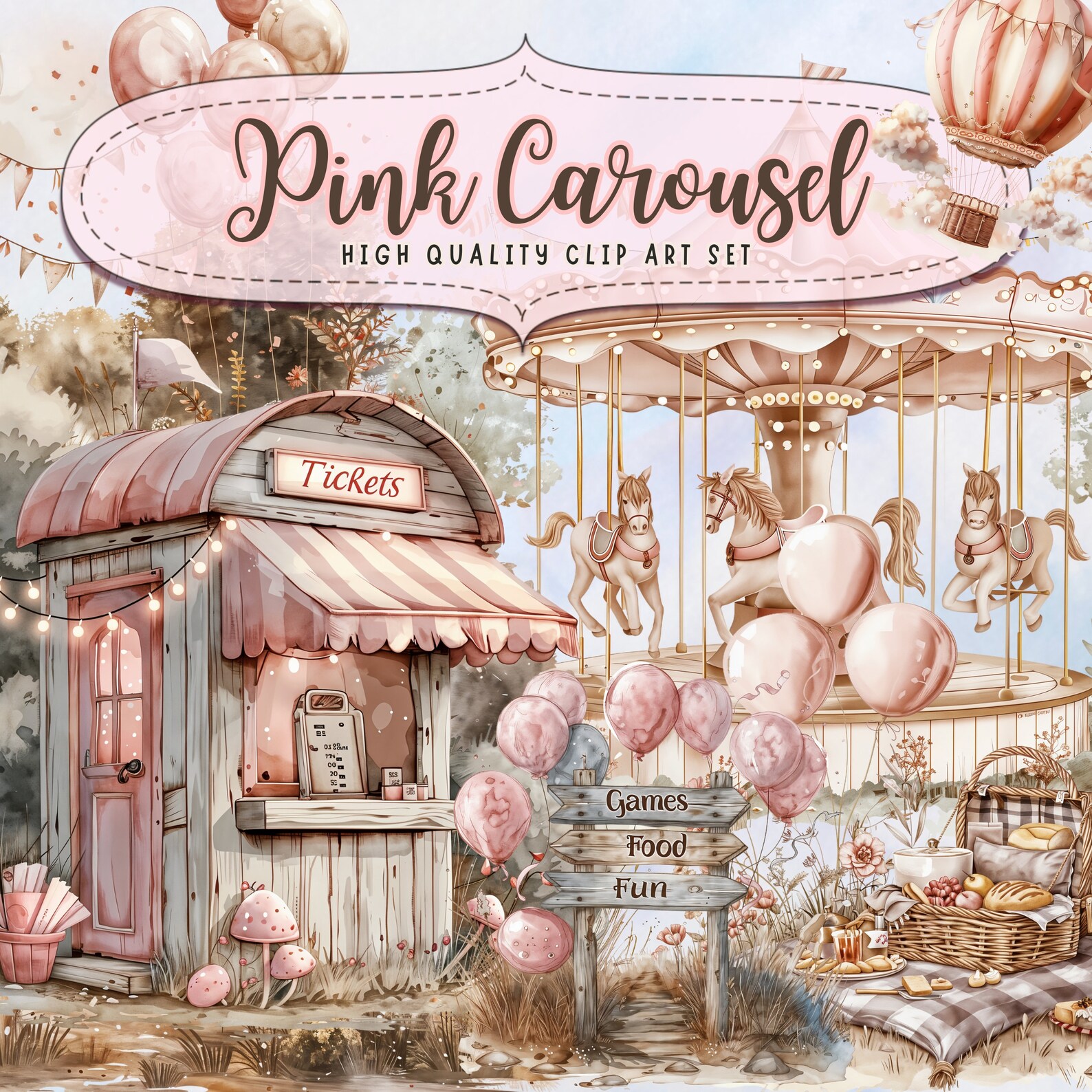 Pink Carousel - Cute Fairground Clip Art - Cottagecore - 300dpi High ...
