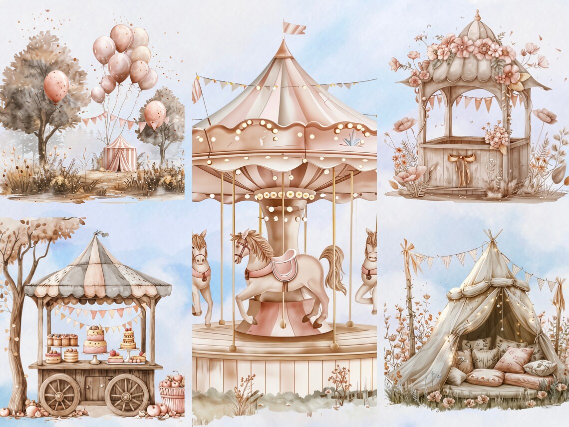 Pink Carousel - Cute Fairground Clip Art - Cottagecore - 300dpi High ...