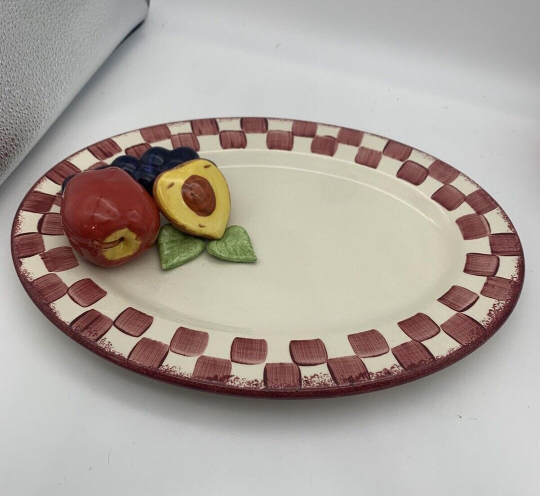 Vintage Cali Art Pottery Ceramic Serving Platter 3D Majolica Fruit Red ...