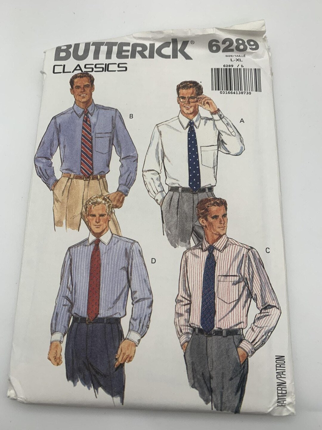 Vintage Butterick 90s Mens Dress Shirt Sizes L / XL Uncut Pattern 6289 ...