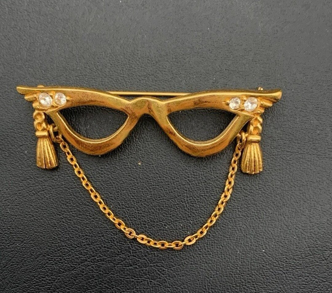 Vintage Avon Gold Tone Cats Eyes Eyeglasses Chain Rhinetones Brooch - Etsy