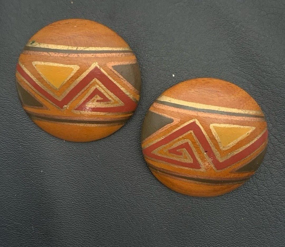 Vintage Hand Painted Large Wooden Pierced Earrings Boho Tribal - Etsy