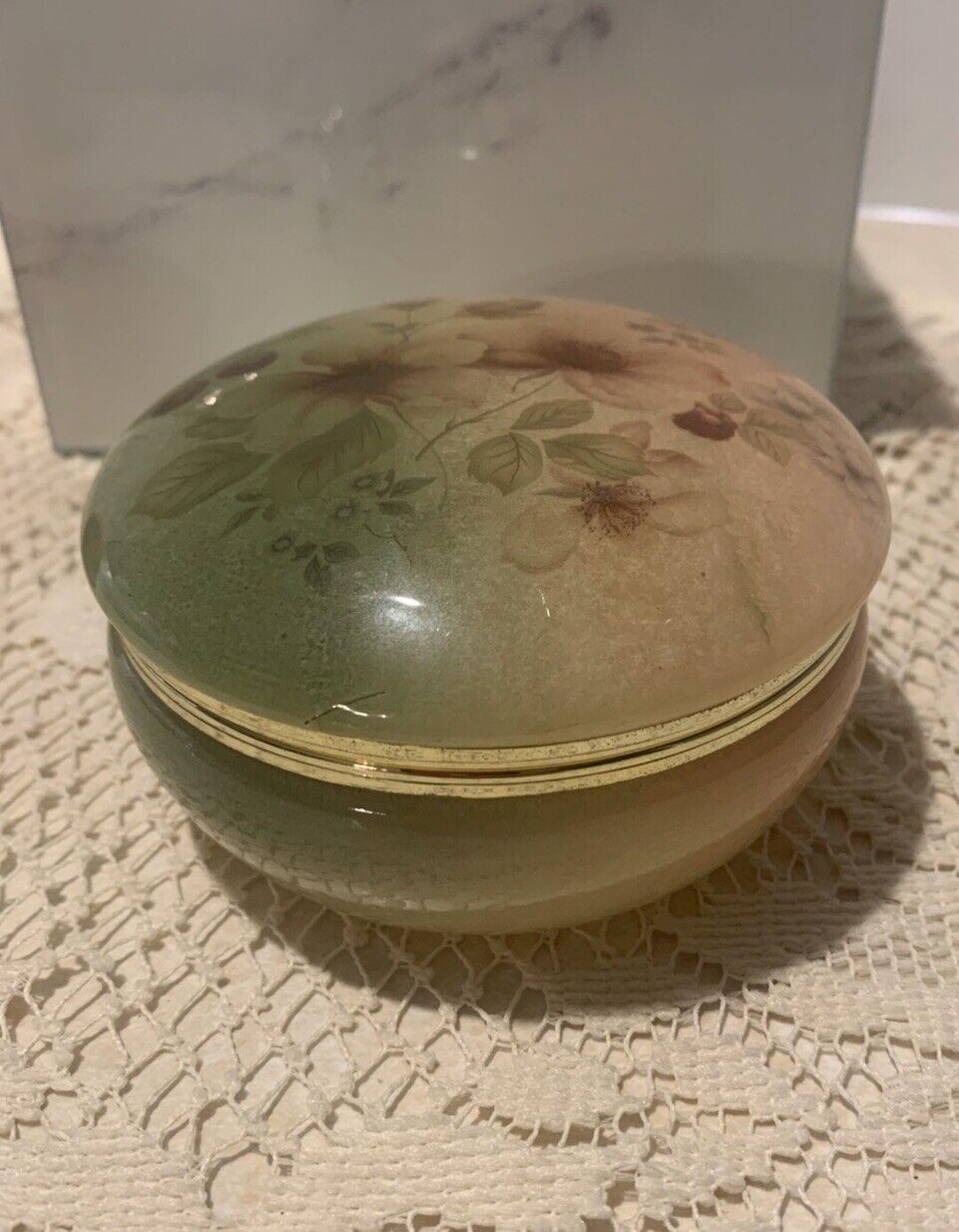 Vintage Alabaster Powder Trinket Box Floral Pattern Hand Carved Made N ...