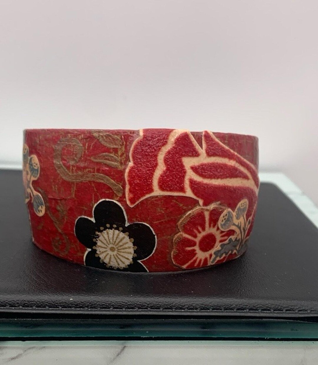 Vintage Unique Paper Mache Decoupage Metal Cuff Bracelet Red Floral ...