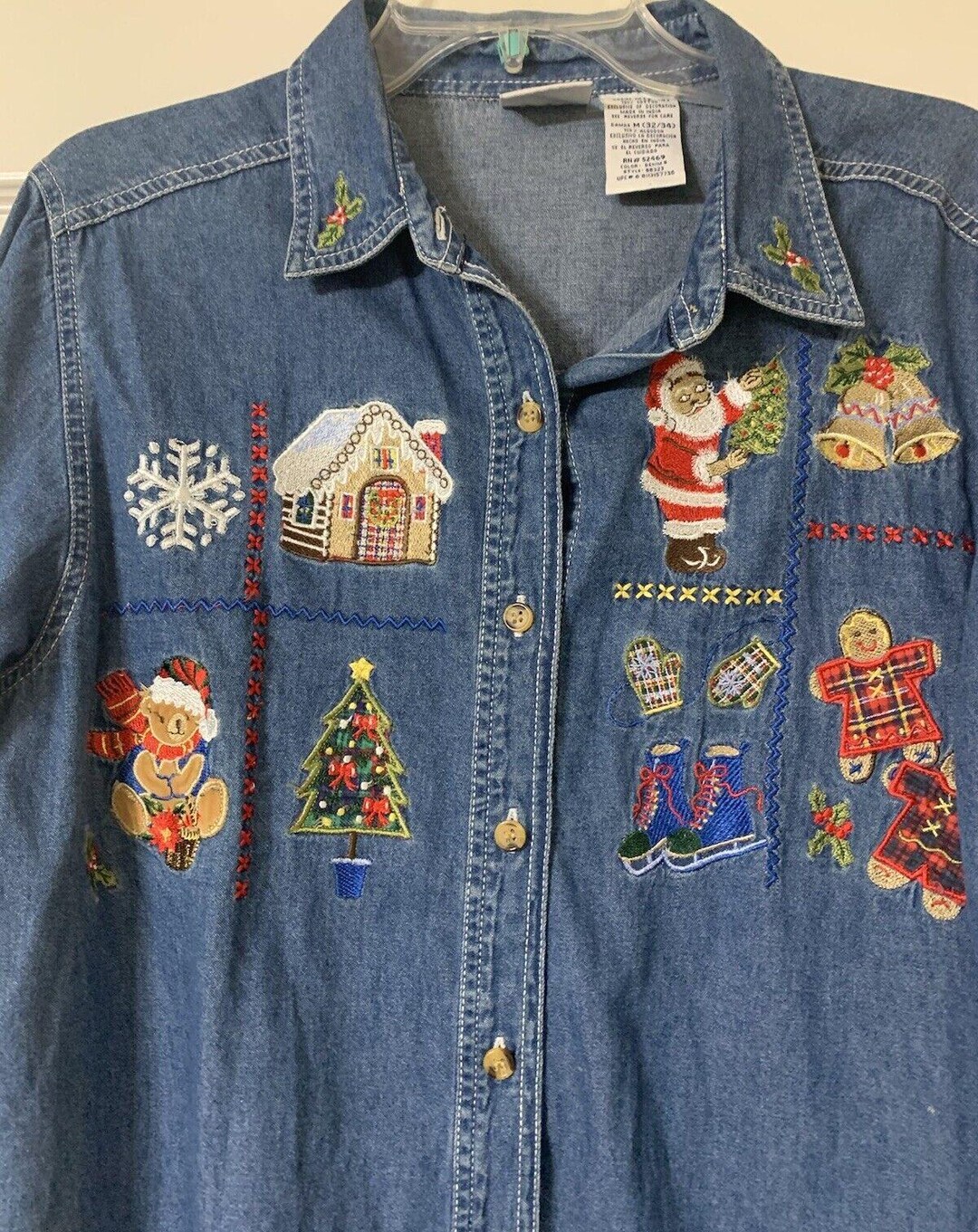Vintage Bobbie Brooks Denim Christmas Embroidered Button Down Size M ...