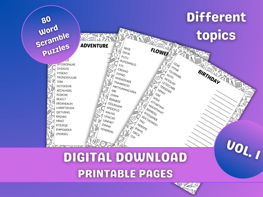 Word Scramble Puzzles Vol. 1 80 Printable Word Scramble Puzzles Digital ...