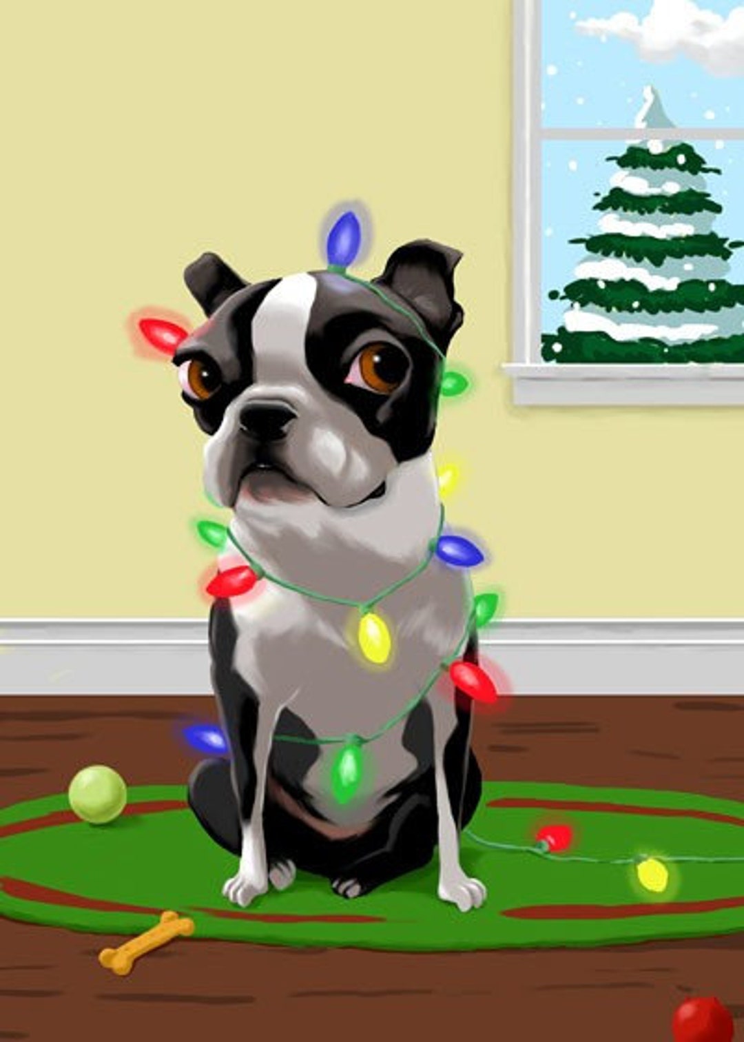 Boston Terrier Gift, Boston Terrier Art, Tangled in Christmas Lights ...