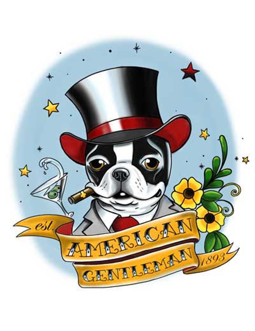 American Gentleman Tattoo Boston Terrier Dog Art Flash Art - Etsy