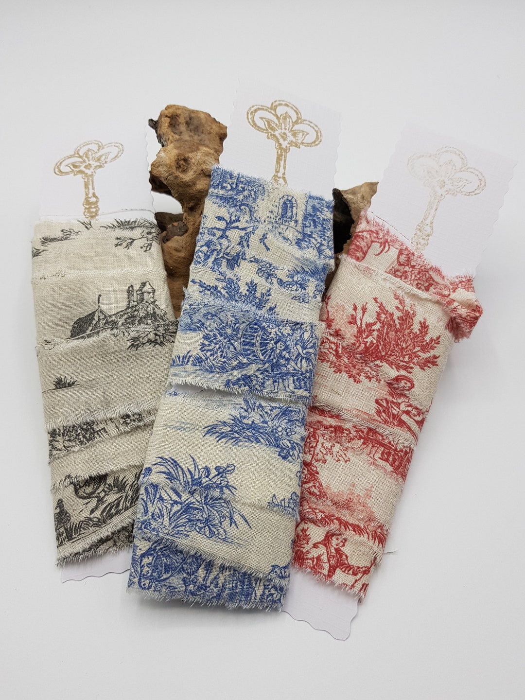 Toile De Jouy Cotton Ribbon Strips 2 Mts Each of Red Blue and Grey ...