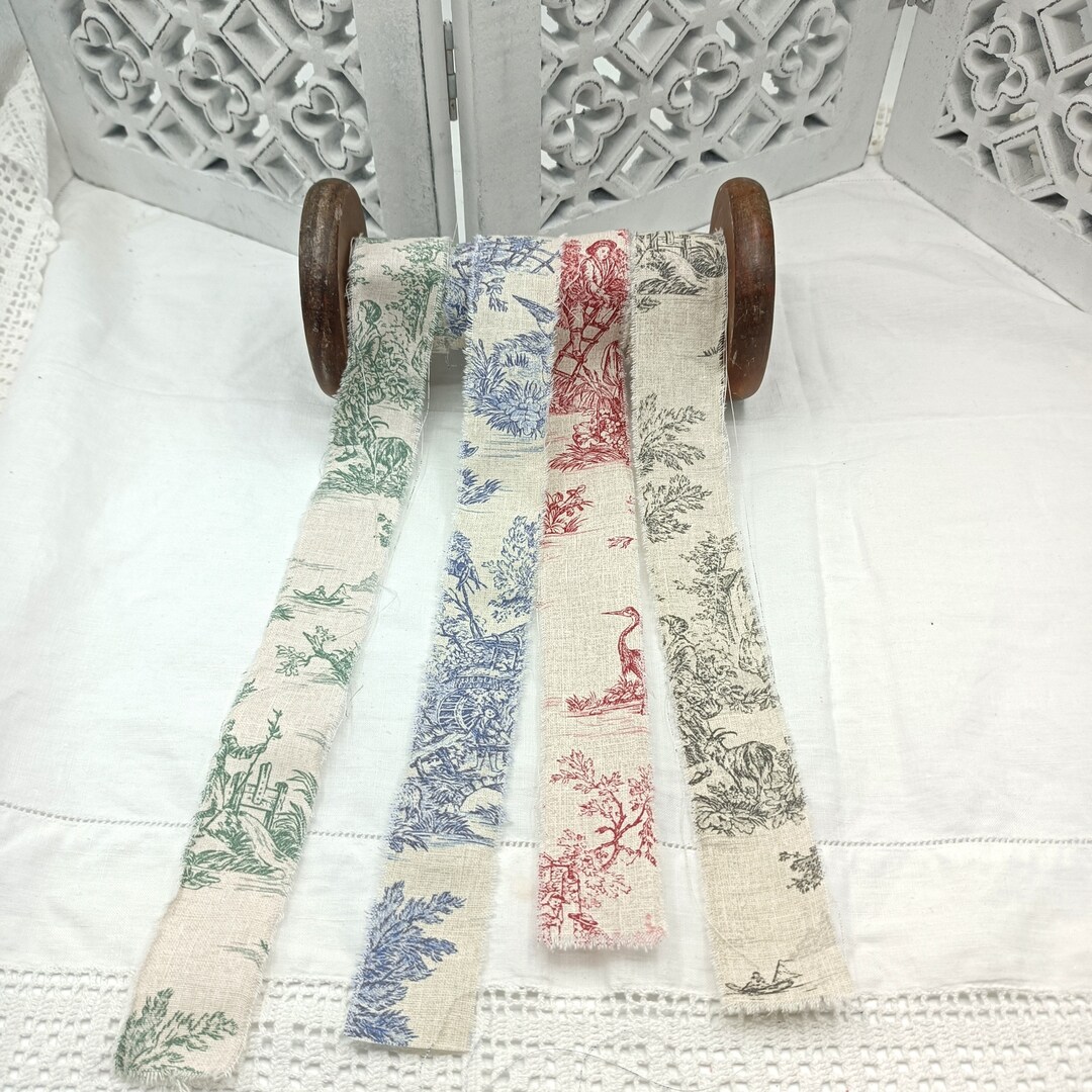 Toile De Jouy Cotton Ribbon Strips 2 Mts Each of Red Blue Green or Grey ...