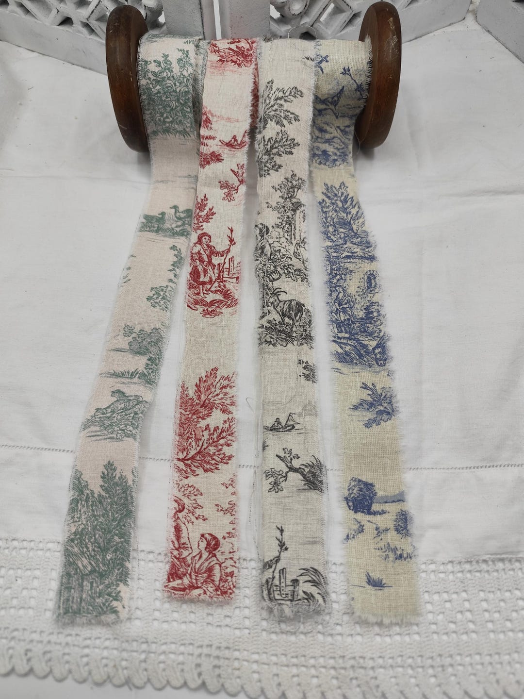 Toile De Jouy Cotton Ribbon Strips - 8mts Total - Red-blue-green Grey ...