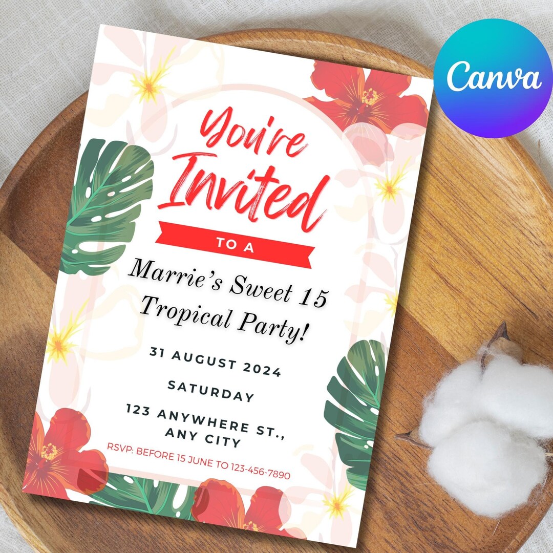 Editable Tropical Flower Birthday Invitation | White Red Birthday ...