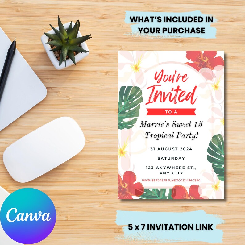 Editable Tropical Flower Birthday Invitation | White Red Birthday ...
