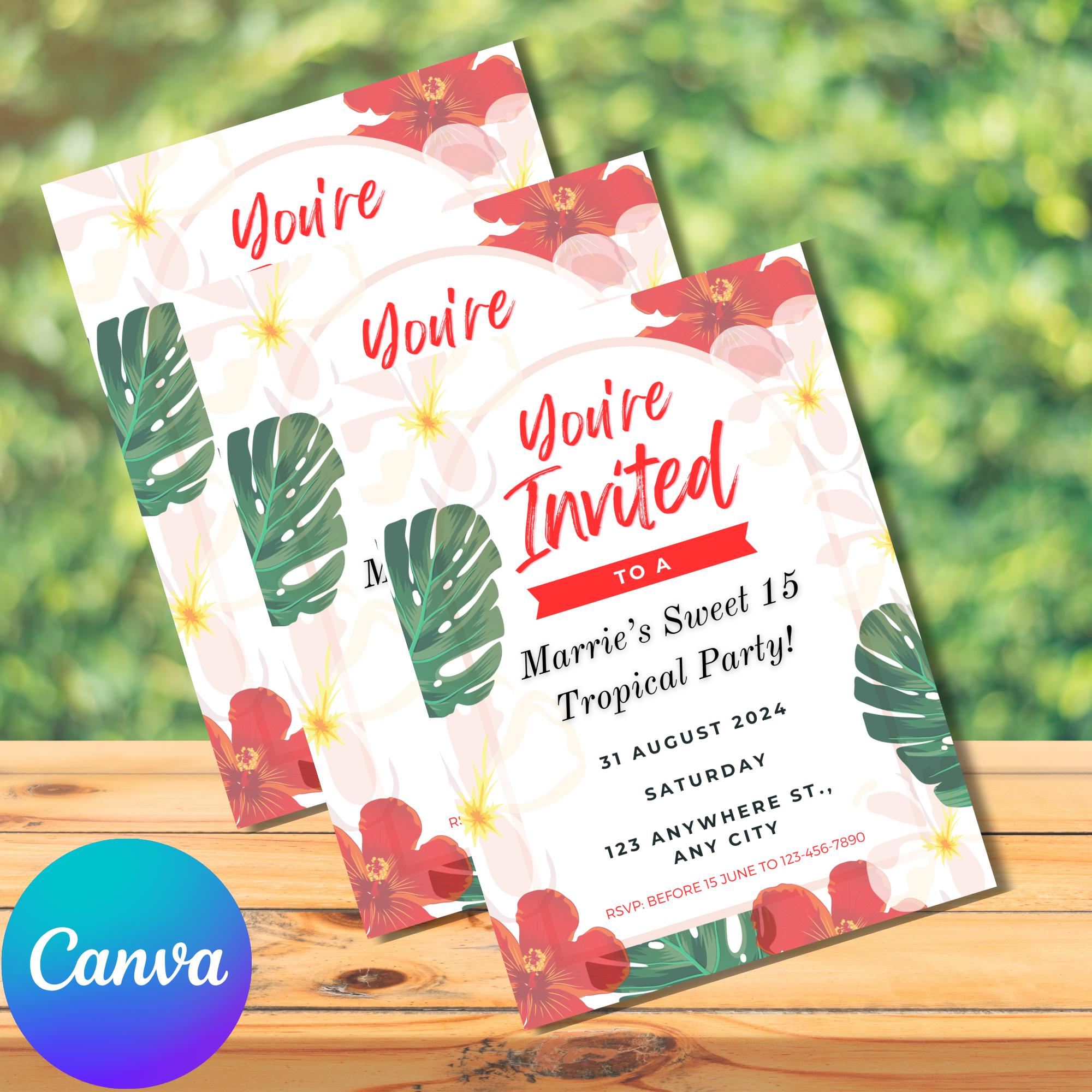 Editable Tropical Flower Birthday Invitation | White Red Birthday ...