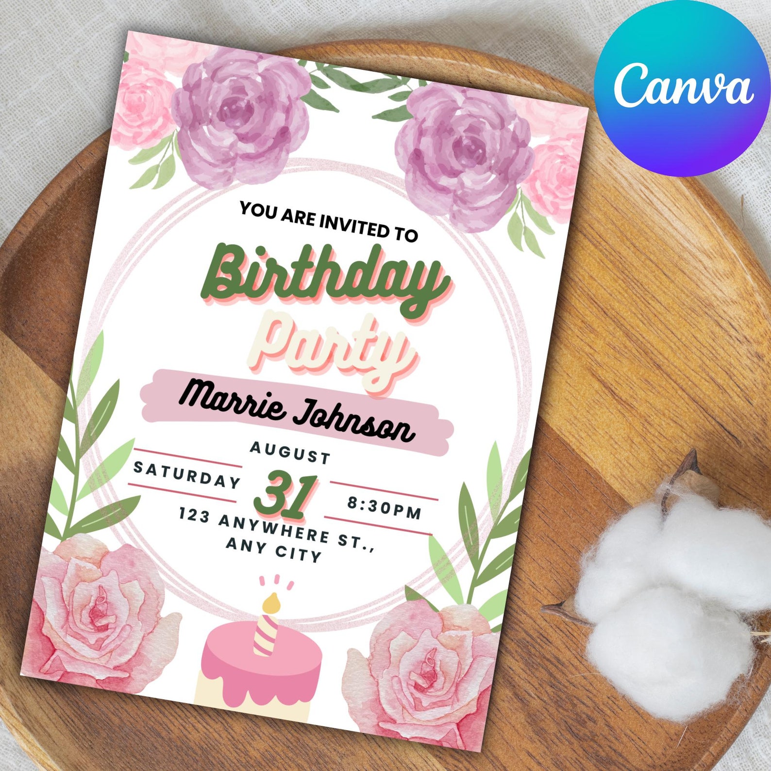 Editable Pink Roses Birthday Invitation | Ladies Birthday Invite | Pink ...