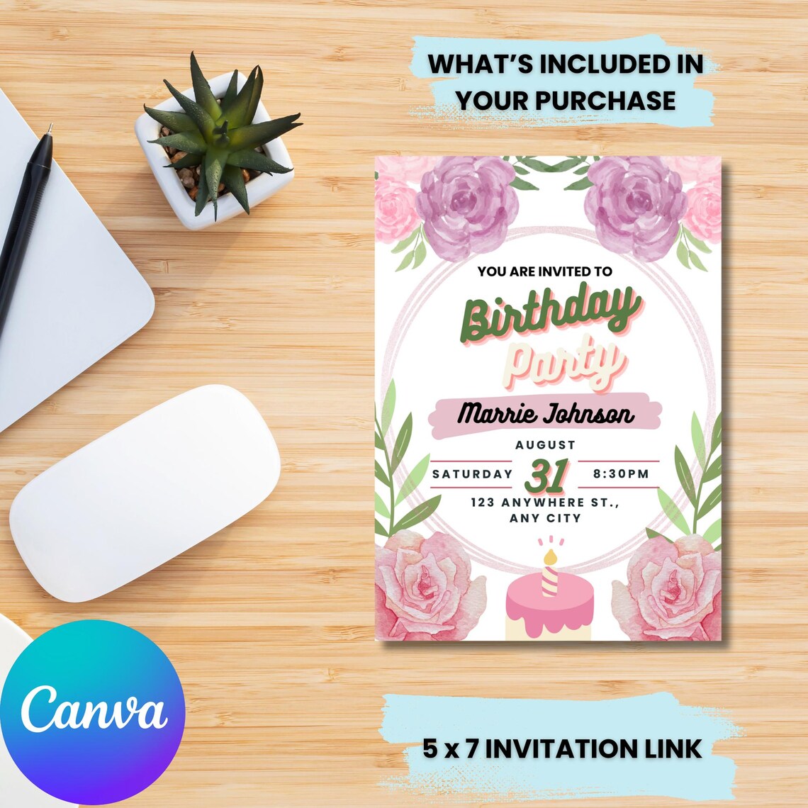 Editable Pink Roses Birthday Invitation | Ladies Birthday Invite | Pink ...
