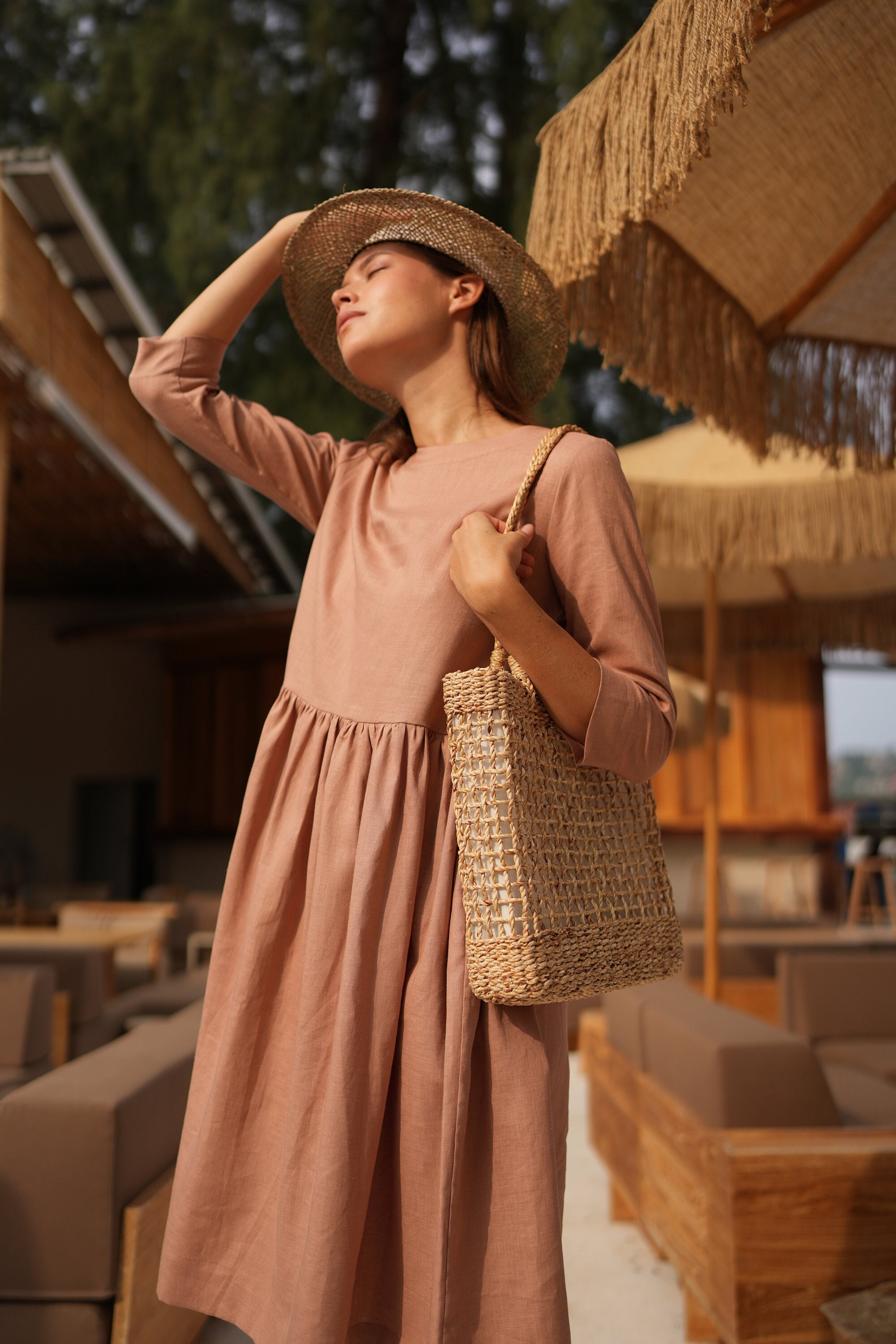 Cottagecore Midi Linen Dress, Boho Maxi Romantic Dresses for Woman ...