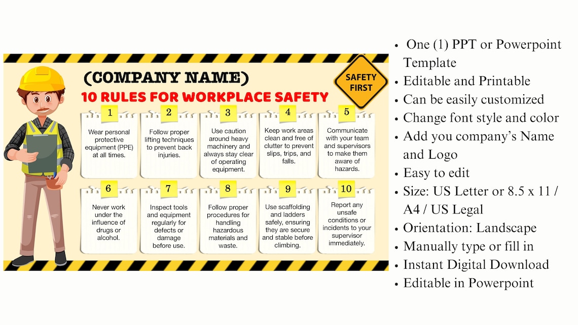 Workplace Site Safety Rules Template | Editable PPT File | HR Template | Signage | Safety ...
