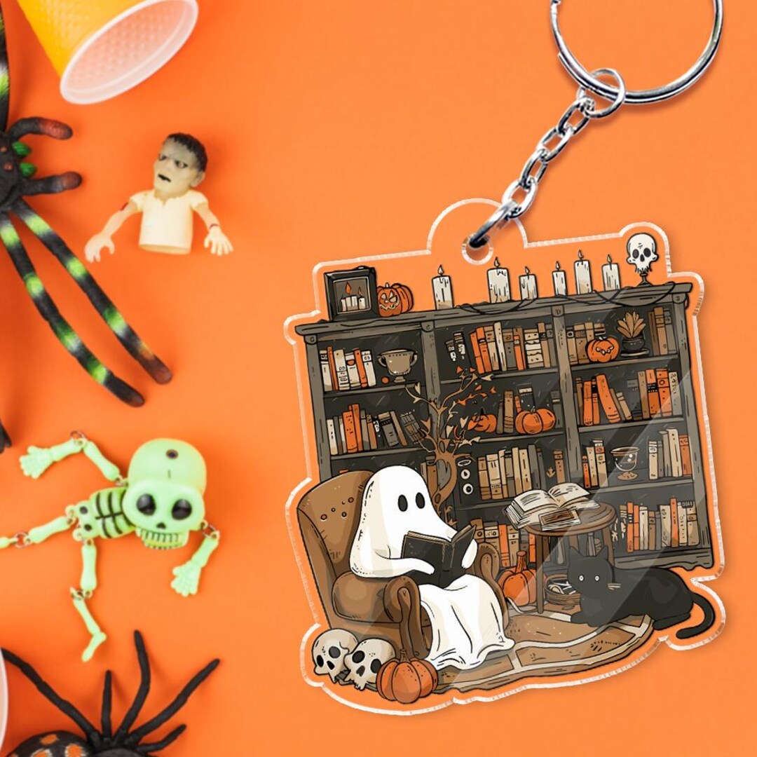 Boo Reading Book With Black Cat Bookshelf Key Chain, Cat Pet Lover ...