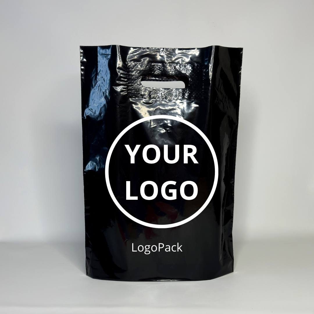 Black Custom Logo Shopping Bags for Boutiques Custom Logo Plastic Gift ...