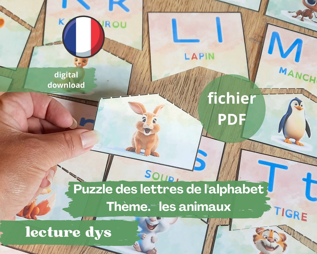 French Alphabet Puzzle of Letters and Animals, Montessori Colors and ...