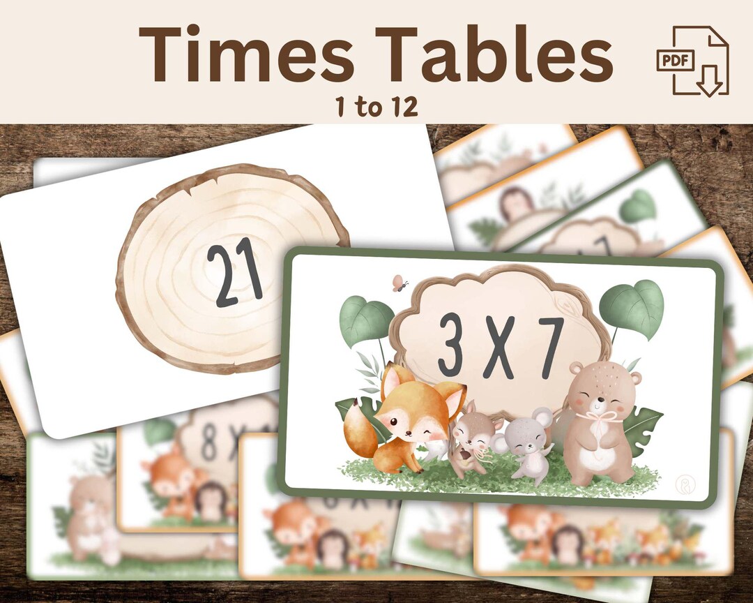 144 Printable Multiplication Table Cards Illustrated With Forest ...