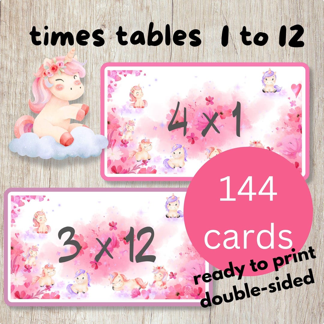 144 Illustrated Multiplication Table Cards - Girly Unicorns I ...