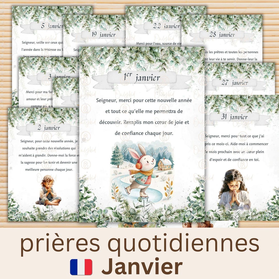31 Cards, Daily Prayers for January, Christian Calendar in French for ...