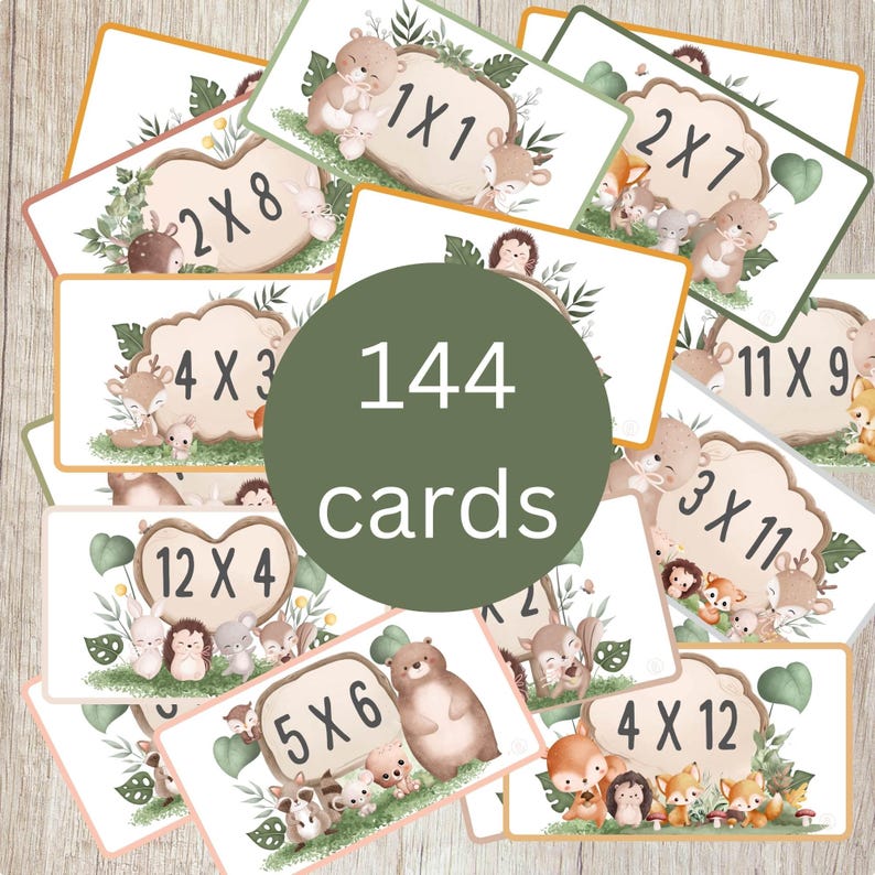 144 Printable Multiplication Table Cards Illustrated With Forest ...