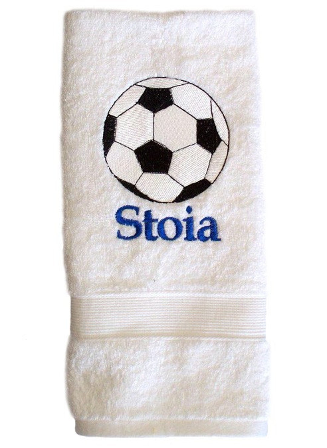 White Hand Towel Custom Embroidered With Large Soccer Ball and ...