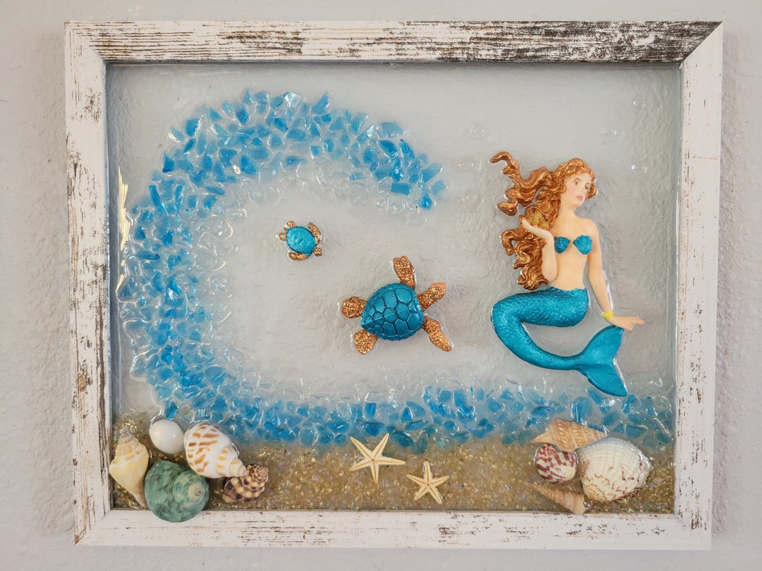 Sea Glass Picture, Resin Wall Art With Mermaids, Turtles, Colored Glass ...