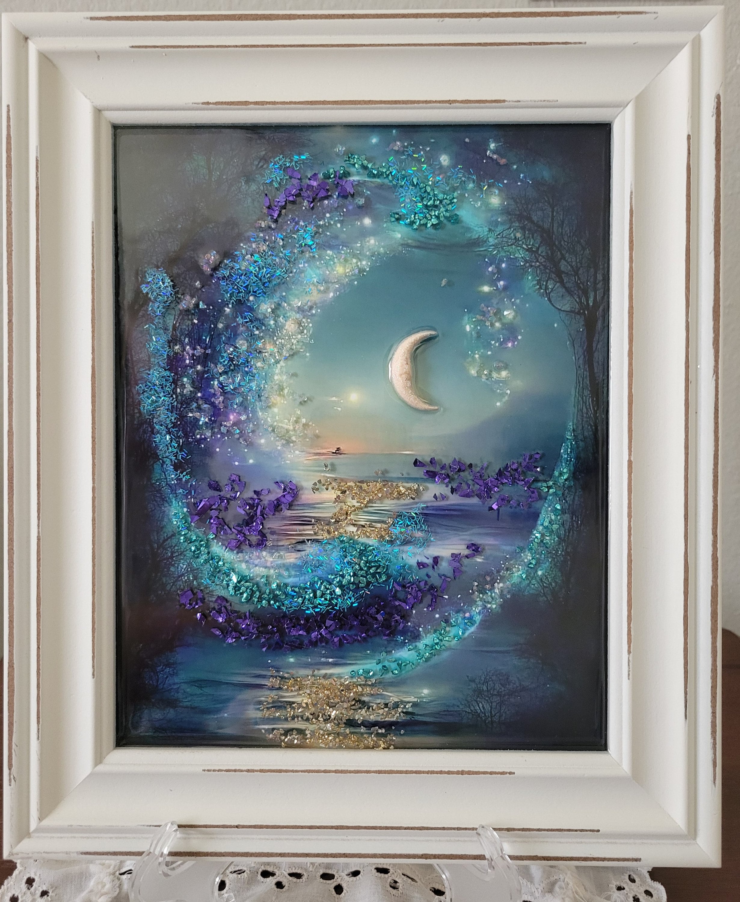 Cosmic Moon Glow in Teal and Purple, Resin Wall Art, Crushed Glass ...