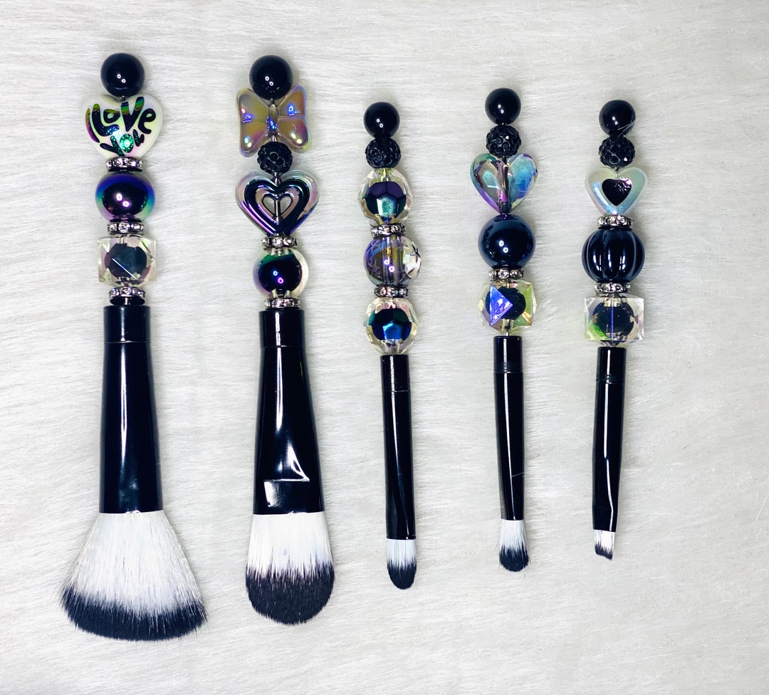 Fancy Beaded 5pc Black Makeup Brushes, Colorful Bead Handles, 5 Piece ...