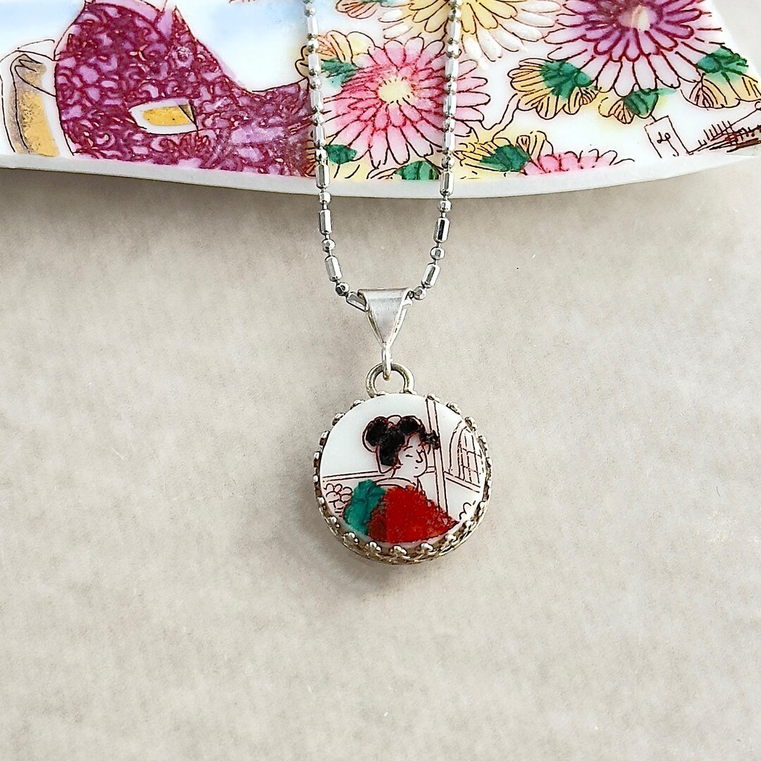 Japanese Geisha Necklace, Dainty Hand Painted Porcelain, One of a Kind ...